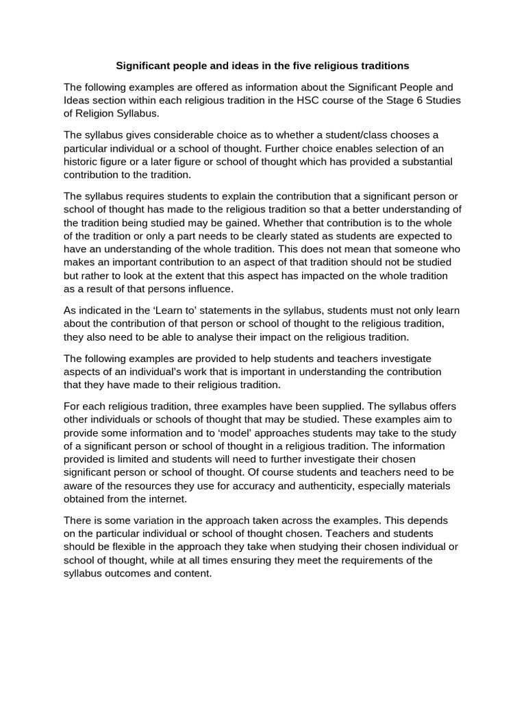 Sor Year 12 Significant People and Ideas Five Religious Traditions | PDF