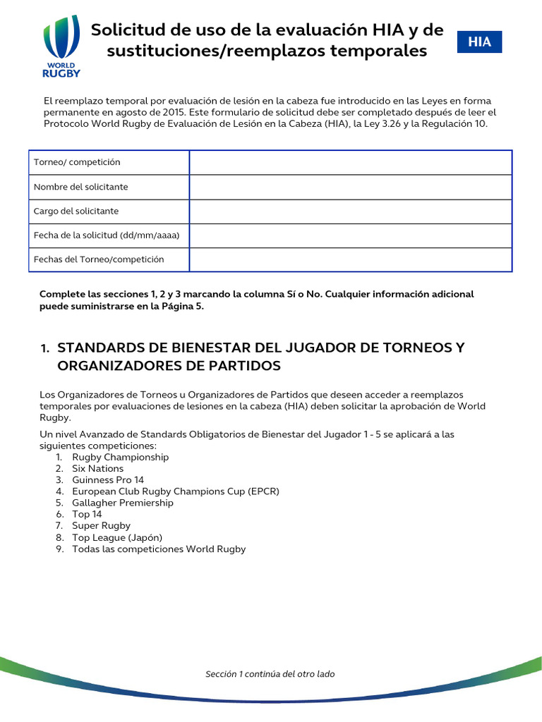 World Rugby Application To Access HIA 2020 ES | PDF