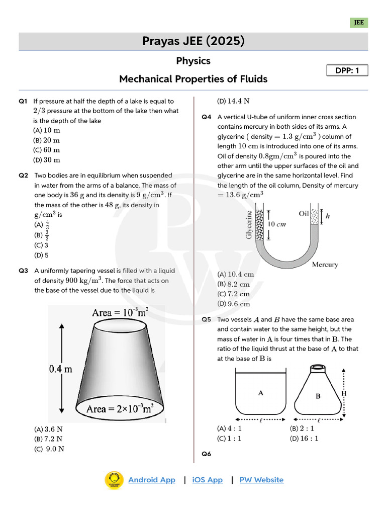 Mechanical Properties of Fluids DPP 01 of Lec 02 Prayas JEE 2025 | PDF