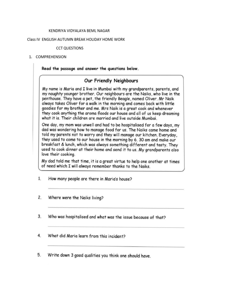 Class 4 Autumn Break Holiday Homework | PDF