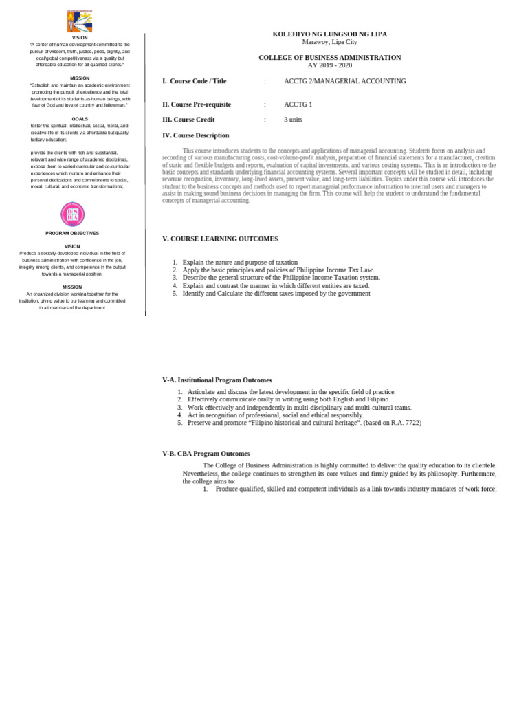 Acctg 2-Managerial Accounting-Laynes Cleo L.-Syllabus | PDF