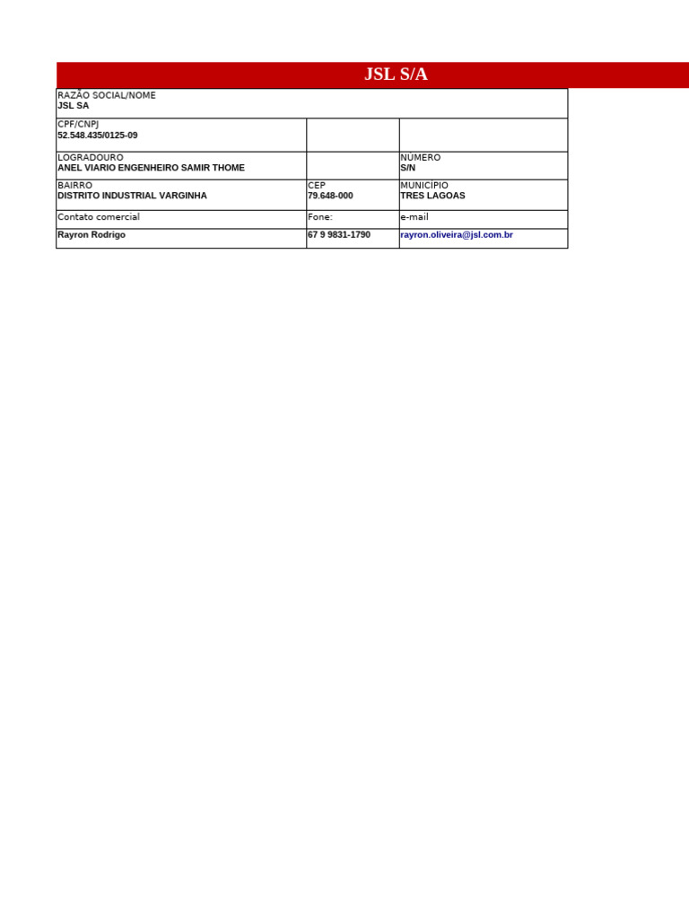 Ficha Cadastral JSL Filial TL (1) | PDF