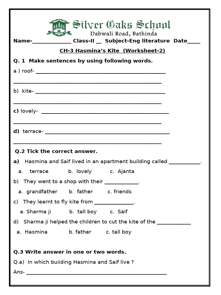 Hasmina’s Kite Worksheet for Class 2 | PDF | Computers