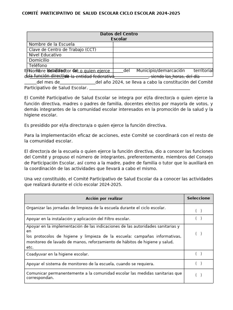 ACTA DEL COMITÉ PARTICIPATIVO DE SALUD ESCOLAR 2024-2025 Editable | PDF