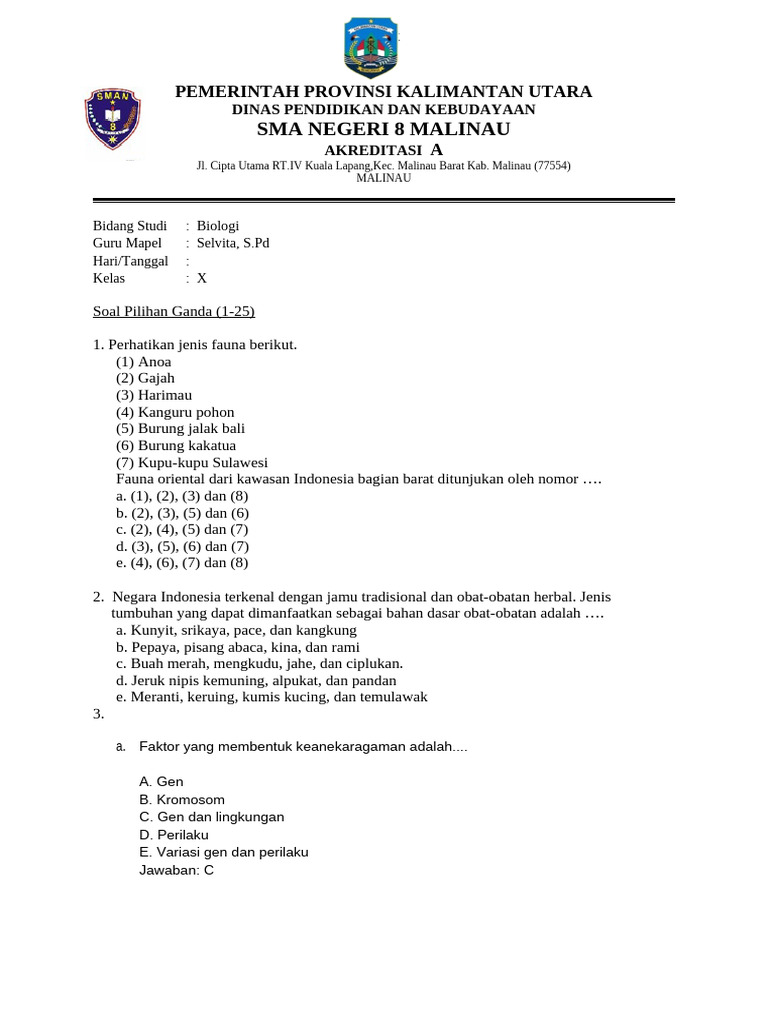 Soal Biologi KLS X | PDF | Science & Mathematics