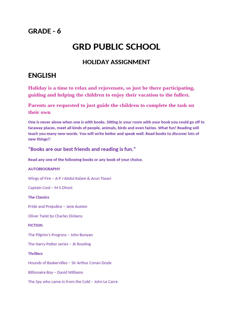 Holiday Assi Grade 6 | PDF