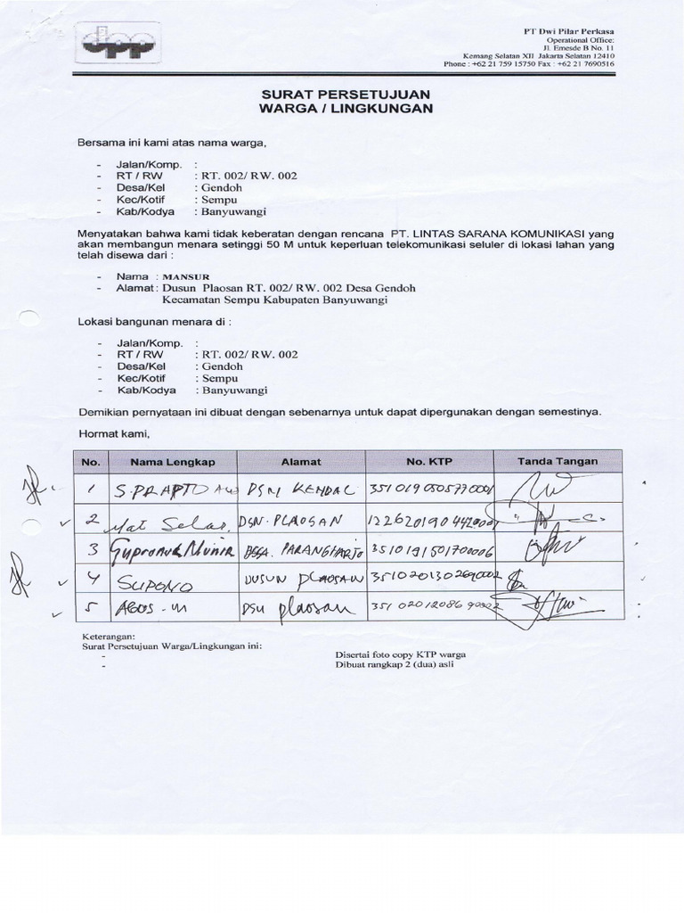 Surat Persetujuan Warga Lingkungan | PDF