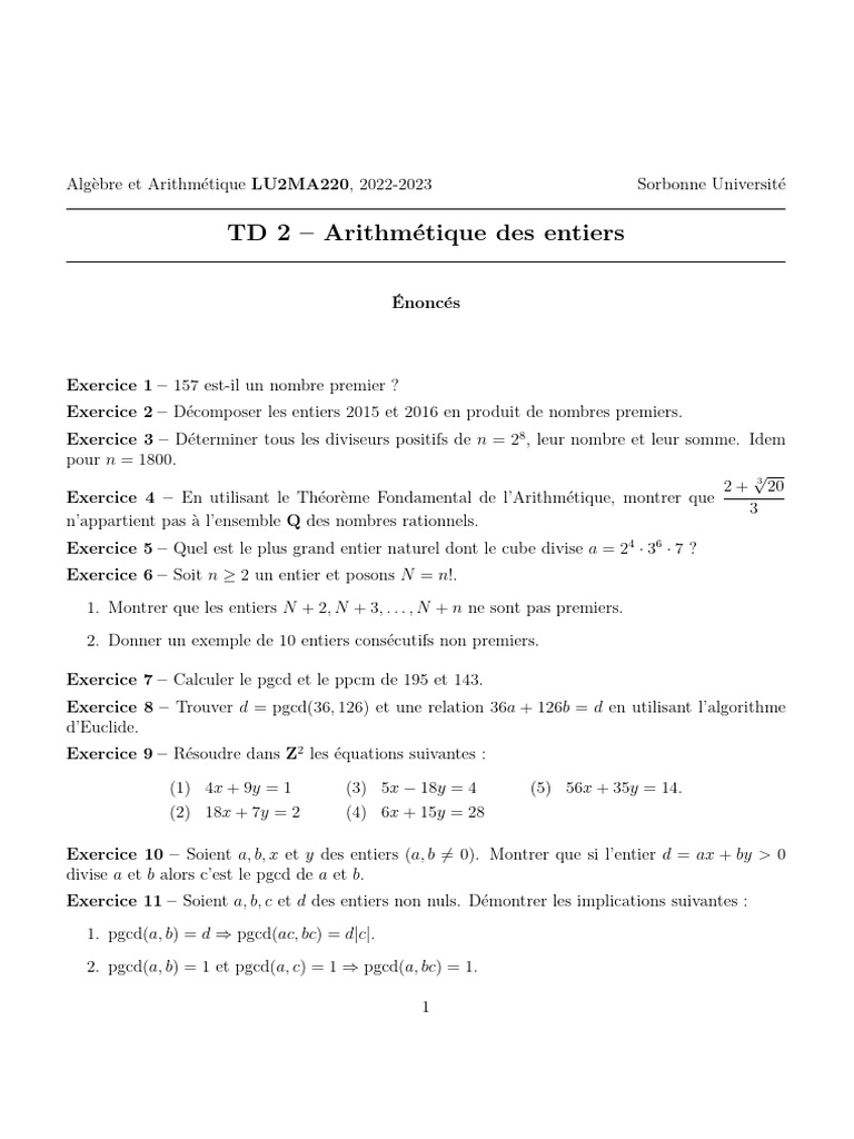 TD 2 - Arithm Etique Des Entiers: LU2MA220 | PDF
