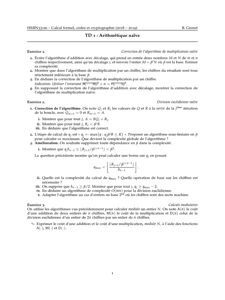 TD: Arithmétique Naïve: Exercice . | PDF