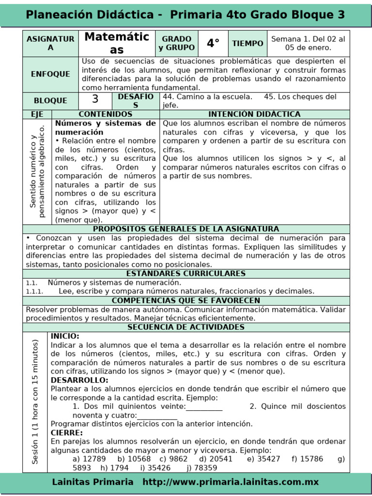 Plan 4to Grado - Bloque 3 Matemáticas (2016-2017) | PDF