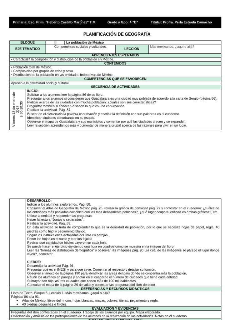 Plan 4to Grado - Bloque 3 Geografía (2016-2017) | PDF