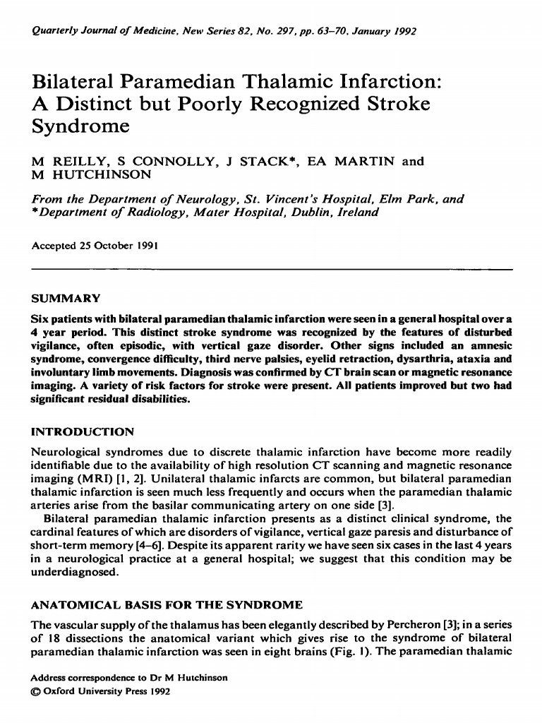 Reilly - Bilateral Paramedian Thalamic Infarction A Distinct But Poorly ...