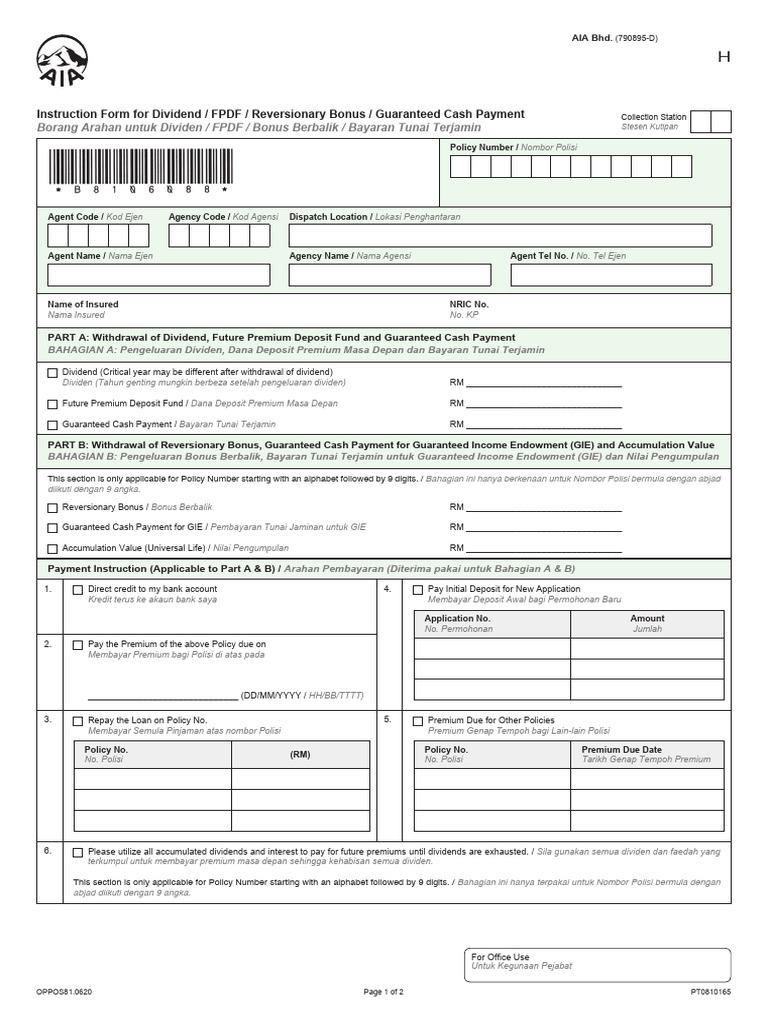 Instruction Form For Dividend FPDF Reversionary Bonus Guaranteed Cash ...