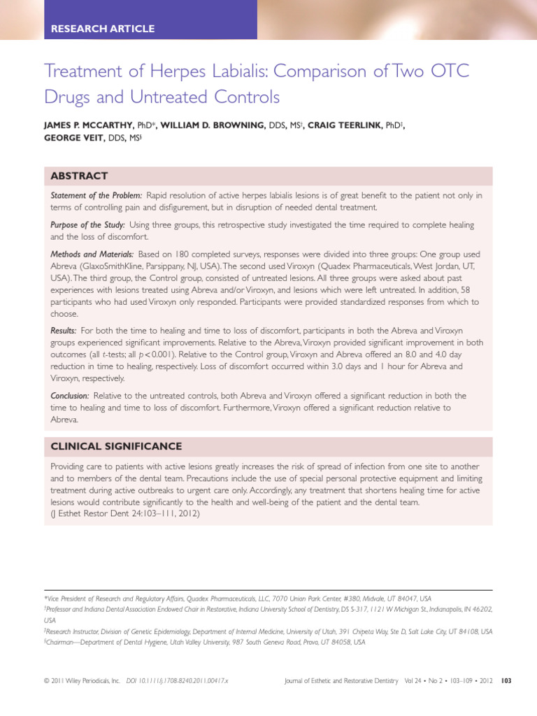 Treatment of Herpes Labialis (Comparison of Two OTC) | PDF