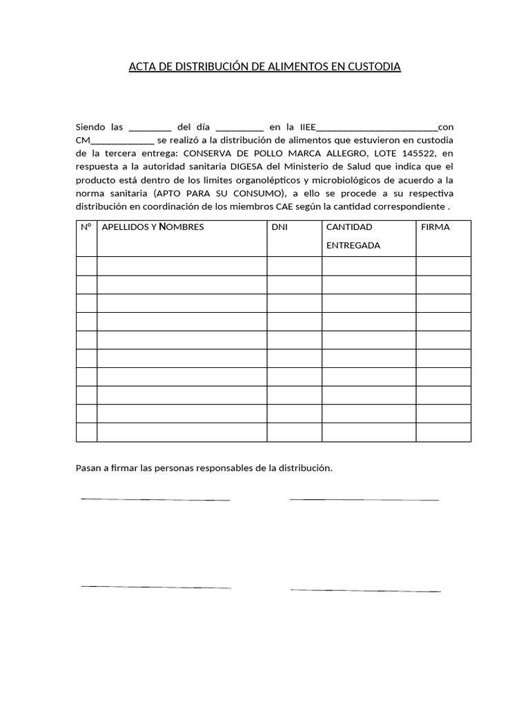 Acta de Distribución de Alimentos en Custodia | PDF Acta de Distribución de Alimentos en Custodia | PDF