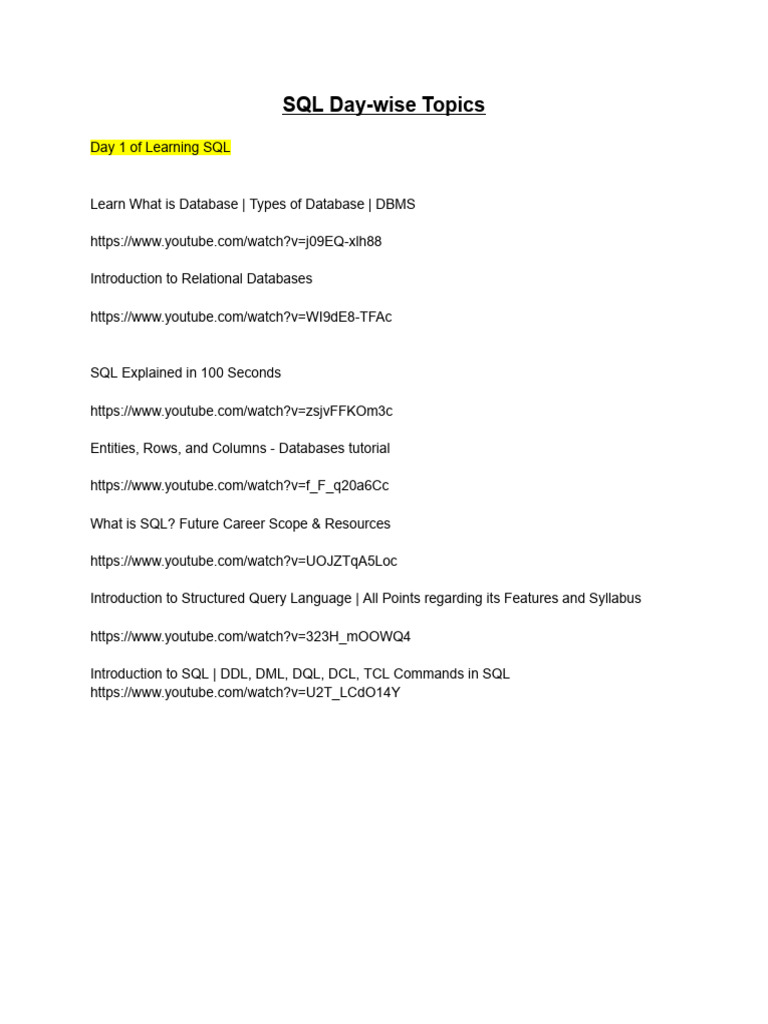 SQL Learning Journey: Day-wise Guide | PDF | Sql | Databases