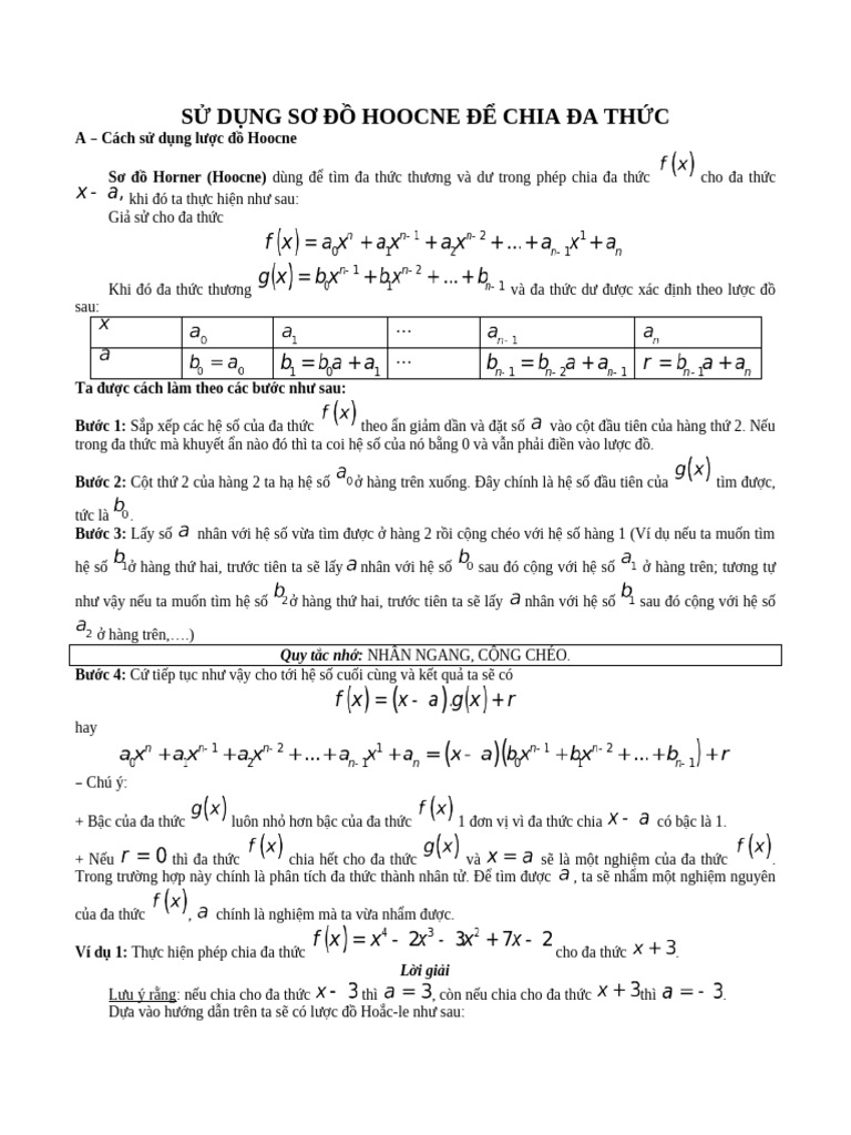 0. SỬ DỤNG SƠ ĐỒ HOOCNE ĐỂ CHIA ĐA THỨC | PDF