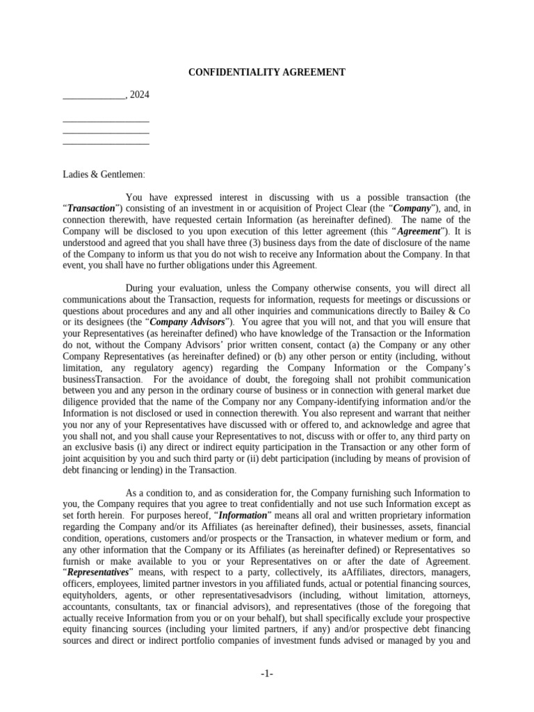 Project Clear - NDA (Tenex Capital Management L.P.) Company Revisions ...