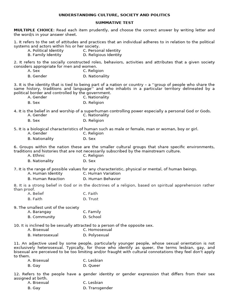Understanding Culture Summative Test | PDF