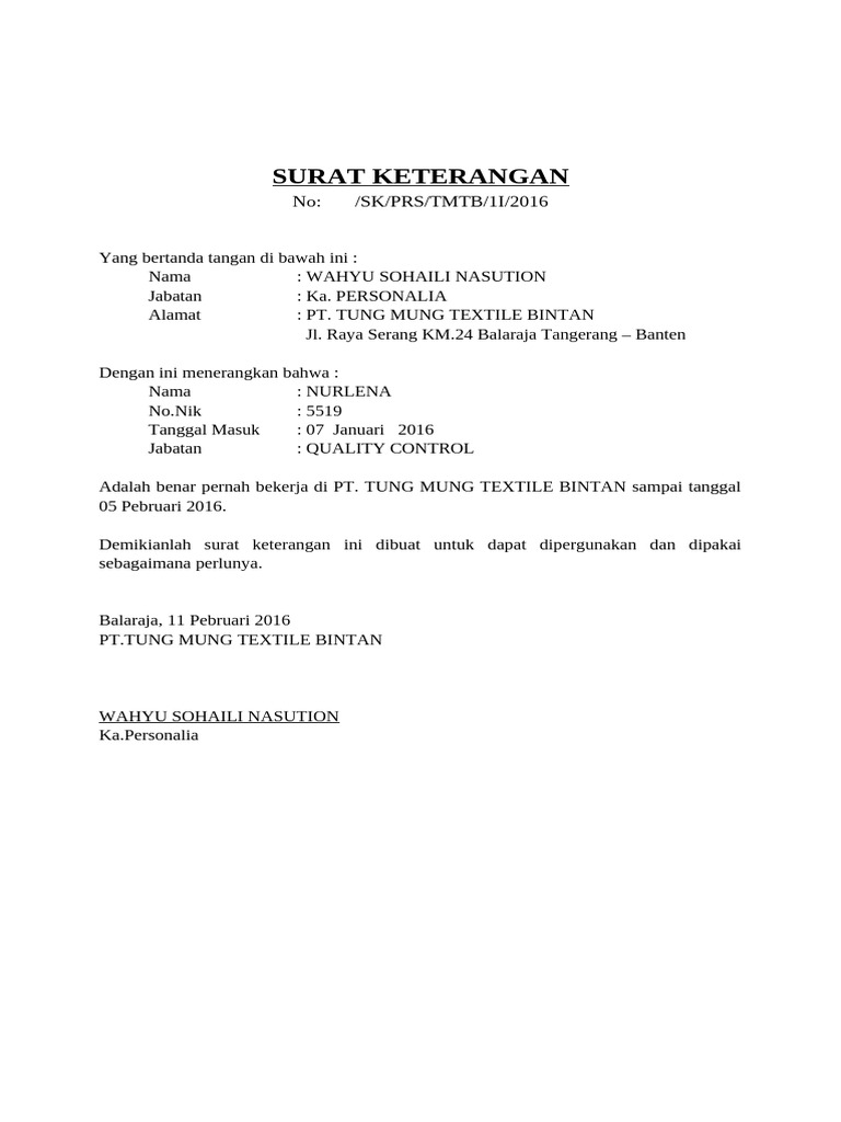 Surat Keterangan Kerja Probation | PDF