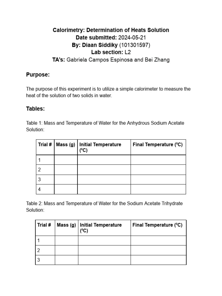 Chem 1101 Calorimetry Pre Lab | PDF | Cooking, Food & Wine | Science ...