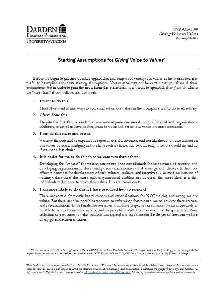 Starting Assumptions For Giving Voice To Values | PDF