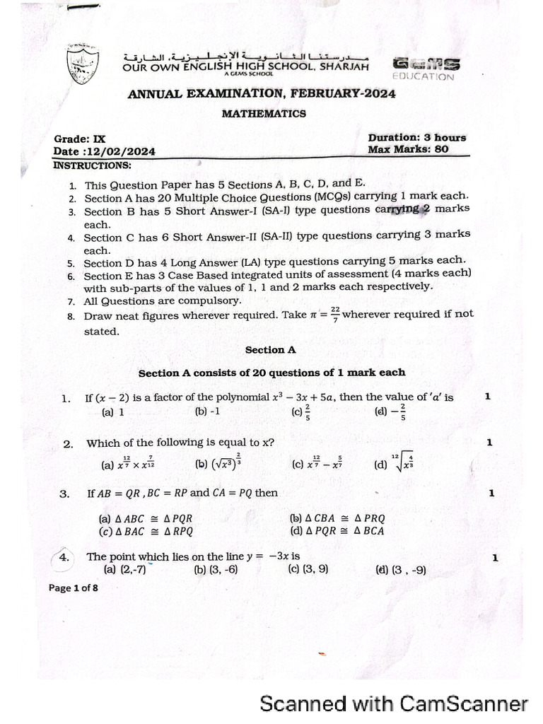 Anual Question Paper Math | PDF