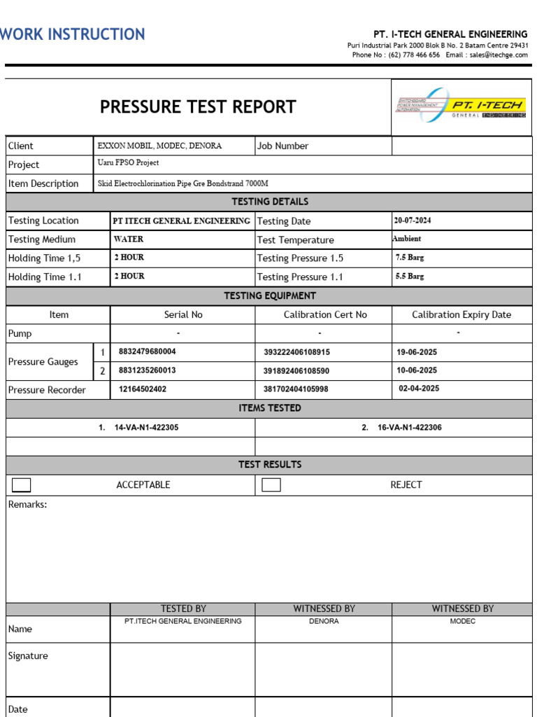 Hydro Test Report Skid Electrochlorination Pipe GRE 7000m Press 7.5 ...