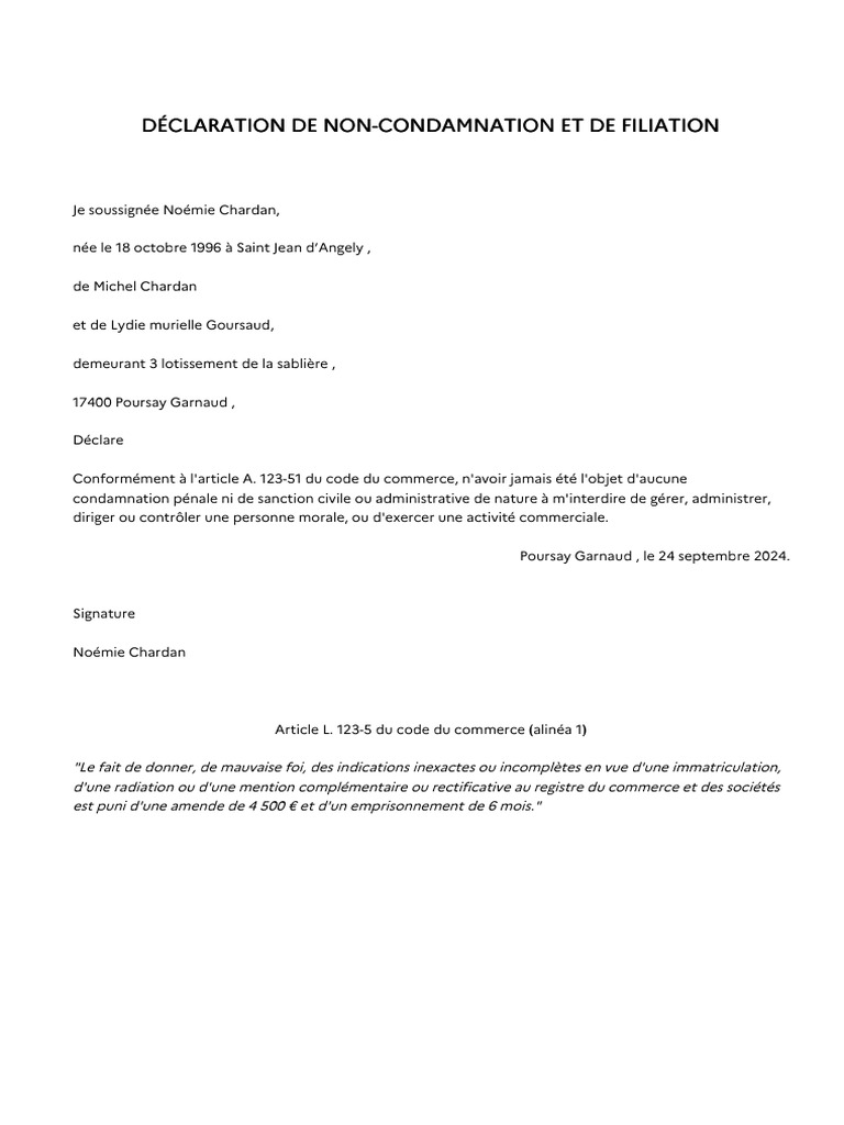 Declaration Non Condamnation Et Filiation | PDF
