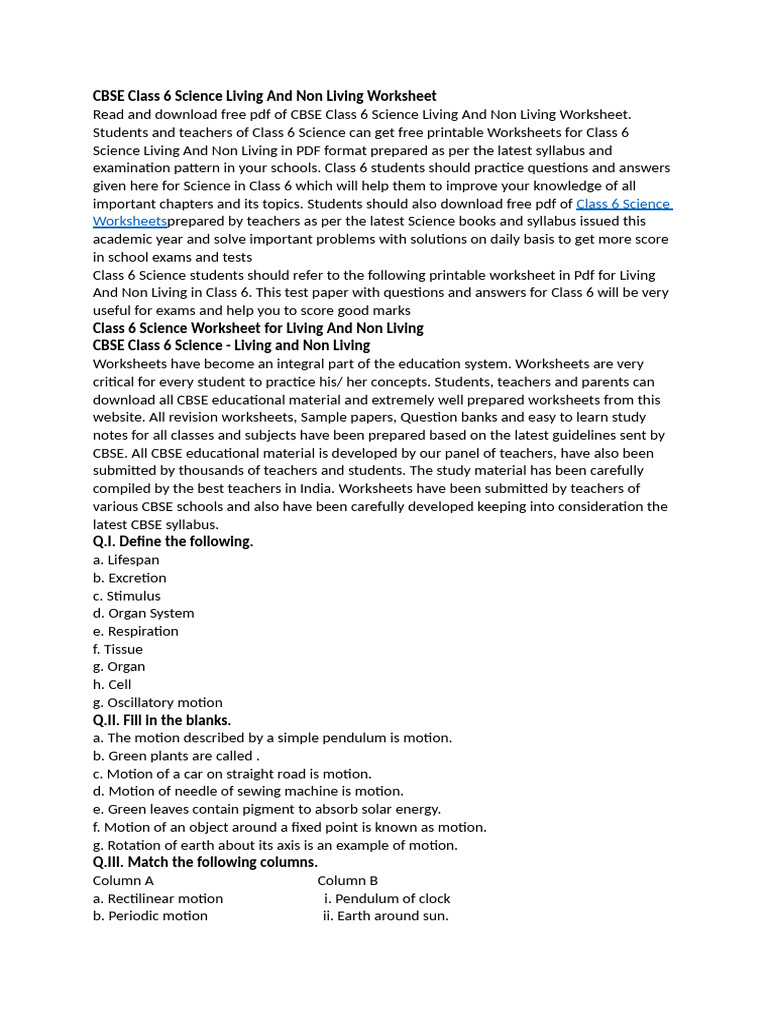 CBSE Class 6 Science Living and Non Living Worksheet | PDF