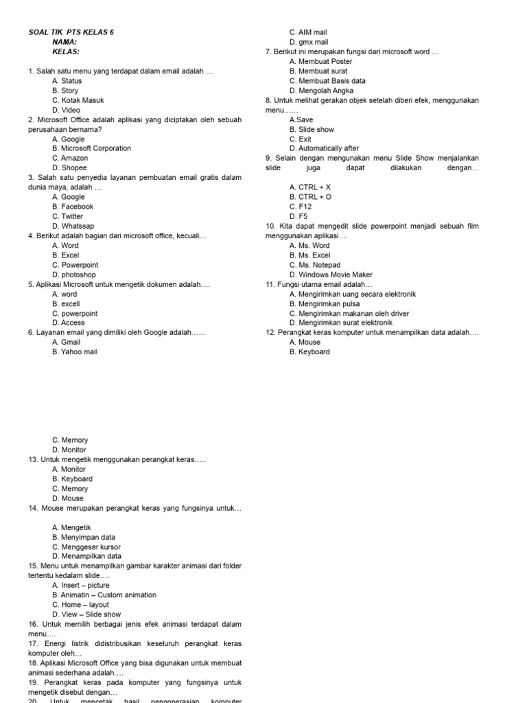 Soal Tik Pts Kelas 6 | PDF