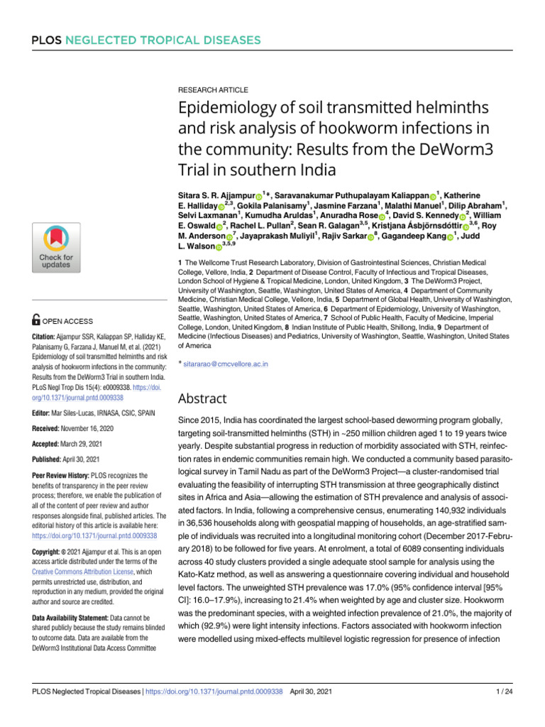 Epidemiology of Soil Transmitted Helminths and Risk Analysis of ...