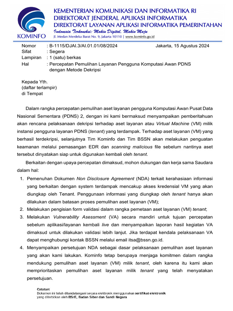 Surat Percepatan Recovery Layanan PDNS | PDF