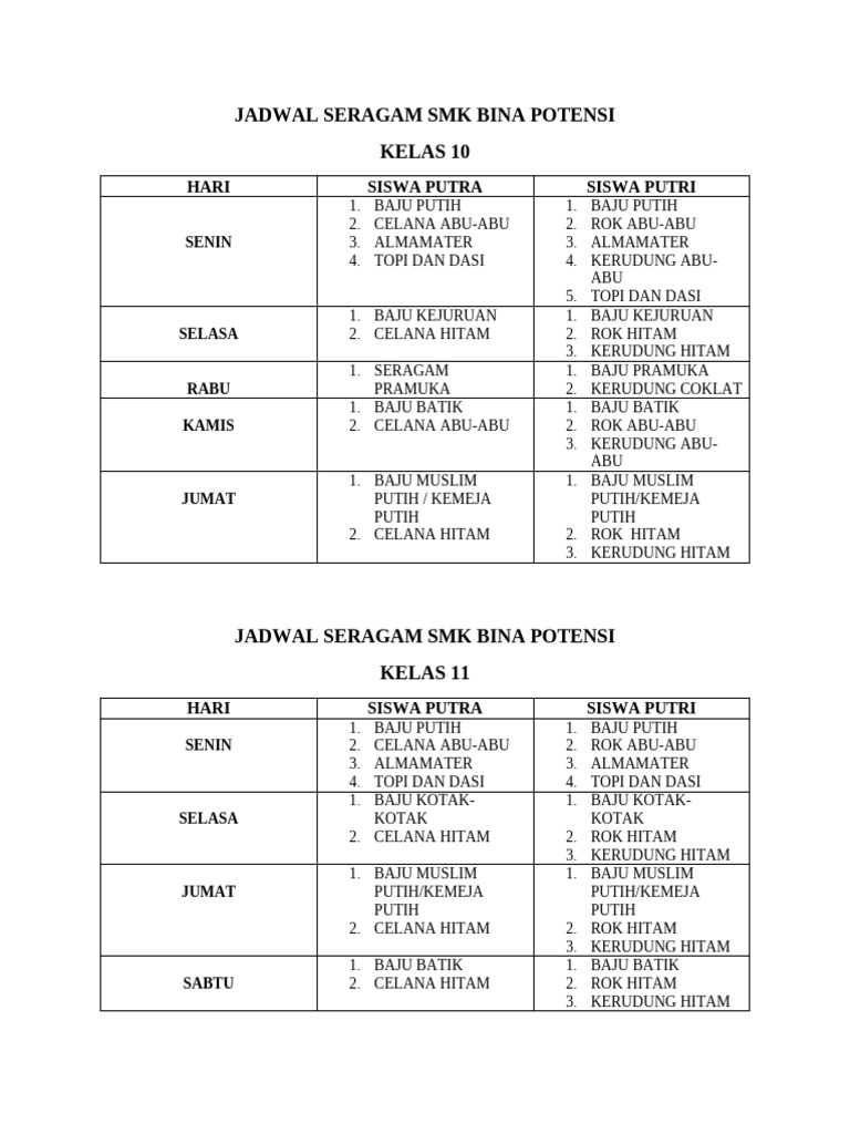 Jadwal Seragam SMK | PDF