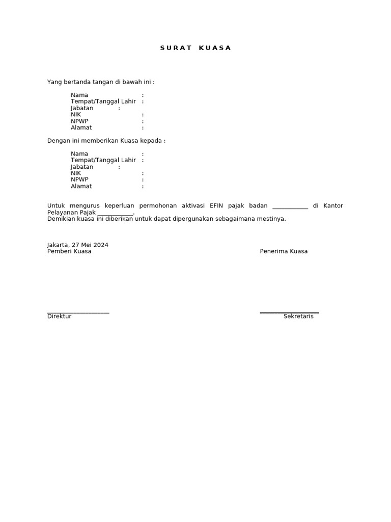 Surat Kuasa Permohonan EFIN | PDF