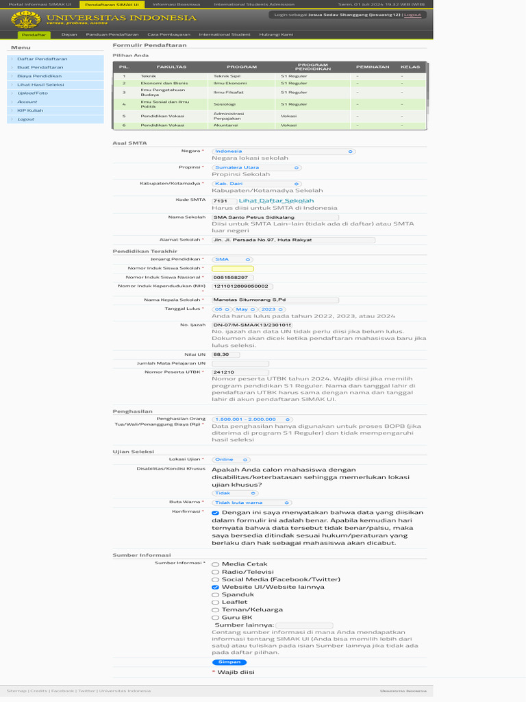 Penerimaan UI - Formulir Pendaftaran | PDF