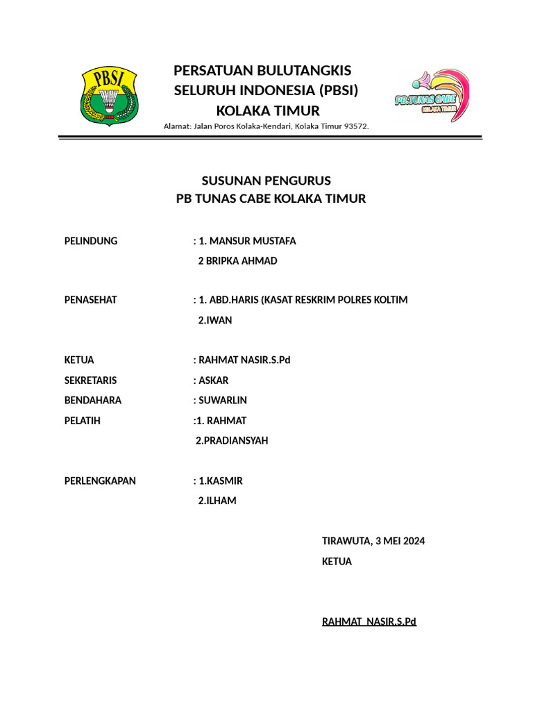 Persatuan Bulujtangkis Seluruh Indonesia Kolaka Timur | PDF
