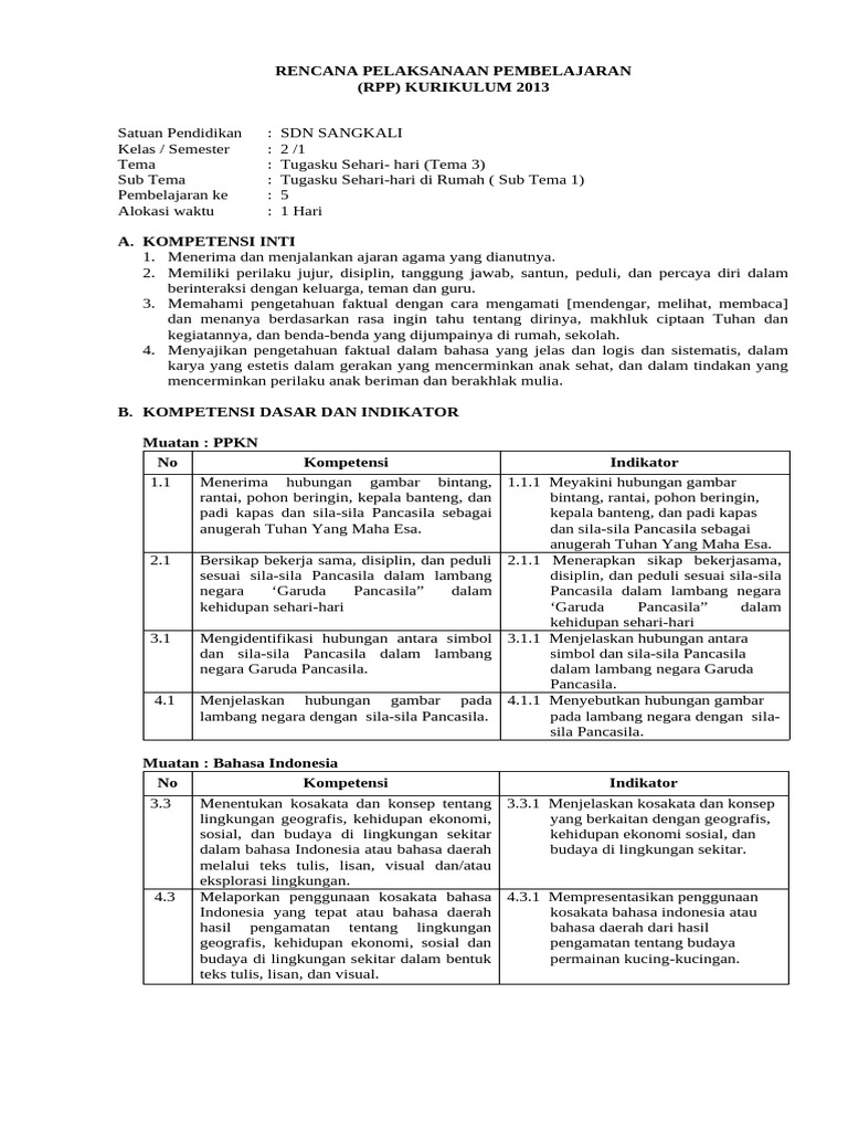 RPP Tema 1 Subtema 1 Pemb.5 | PDF