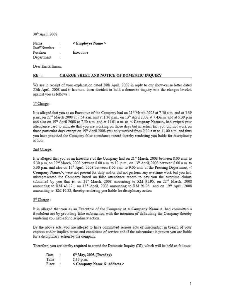 Sample-Charge-Sheet-Domestic Enquiry | PDF | Justice | Career & Growth