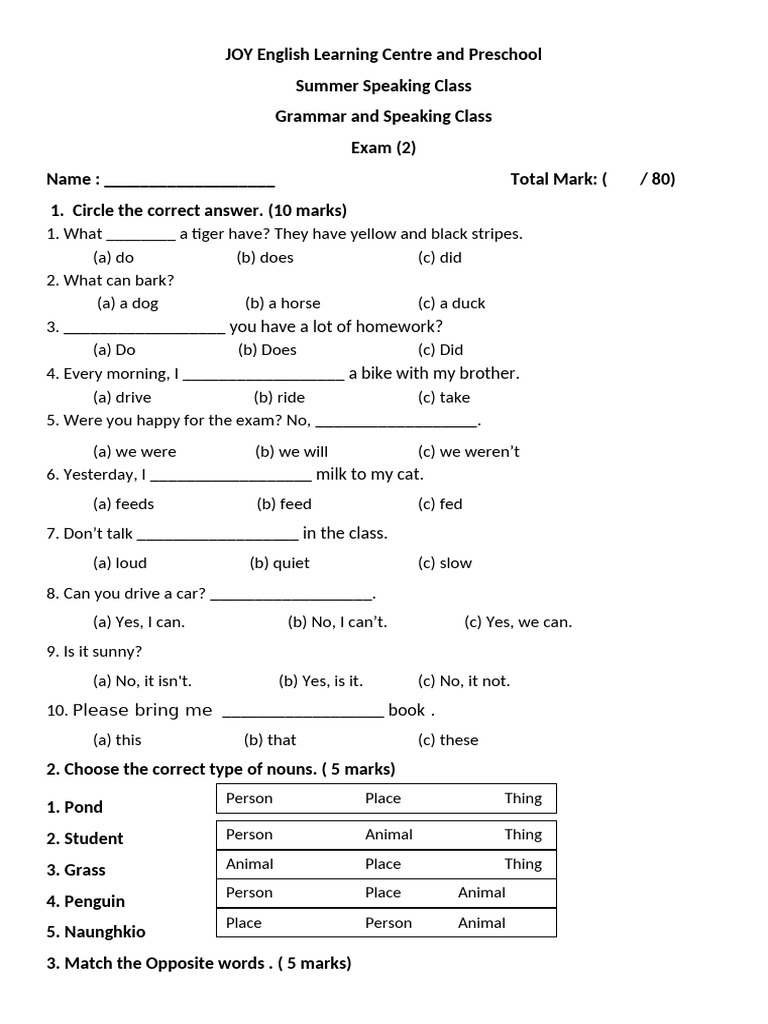 Exam paper for Grammer and Speaking grade 4 | PDF