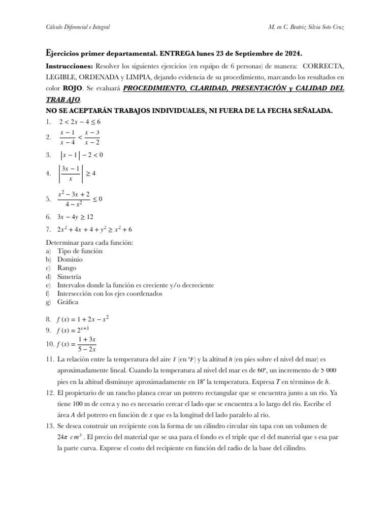 Ejercicios Dep 1. 2025-1 Calculo Dif e Int | PDF