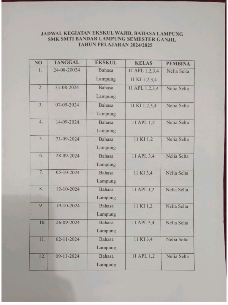 Jadwal Eskul Wajib Bahasa Lampung SMK Smti | PDF