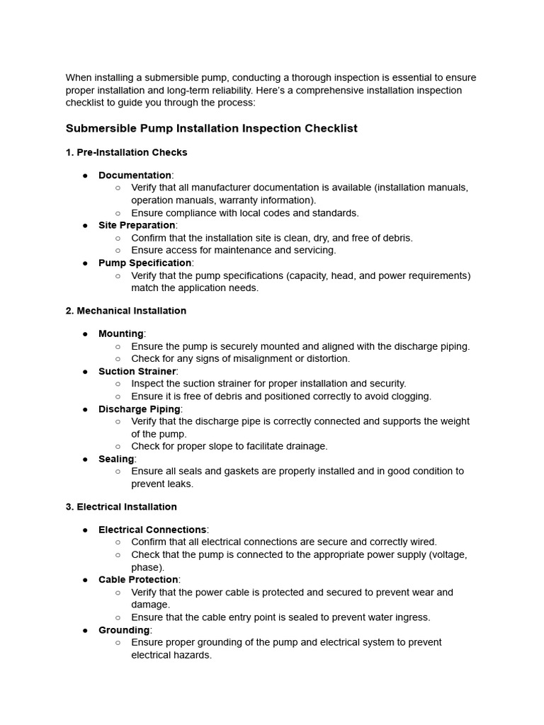 Submersible Pump Installation Inspection Checklist | PDF