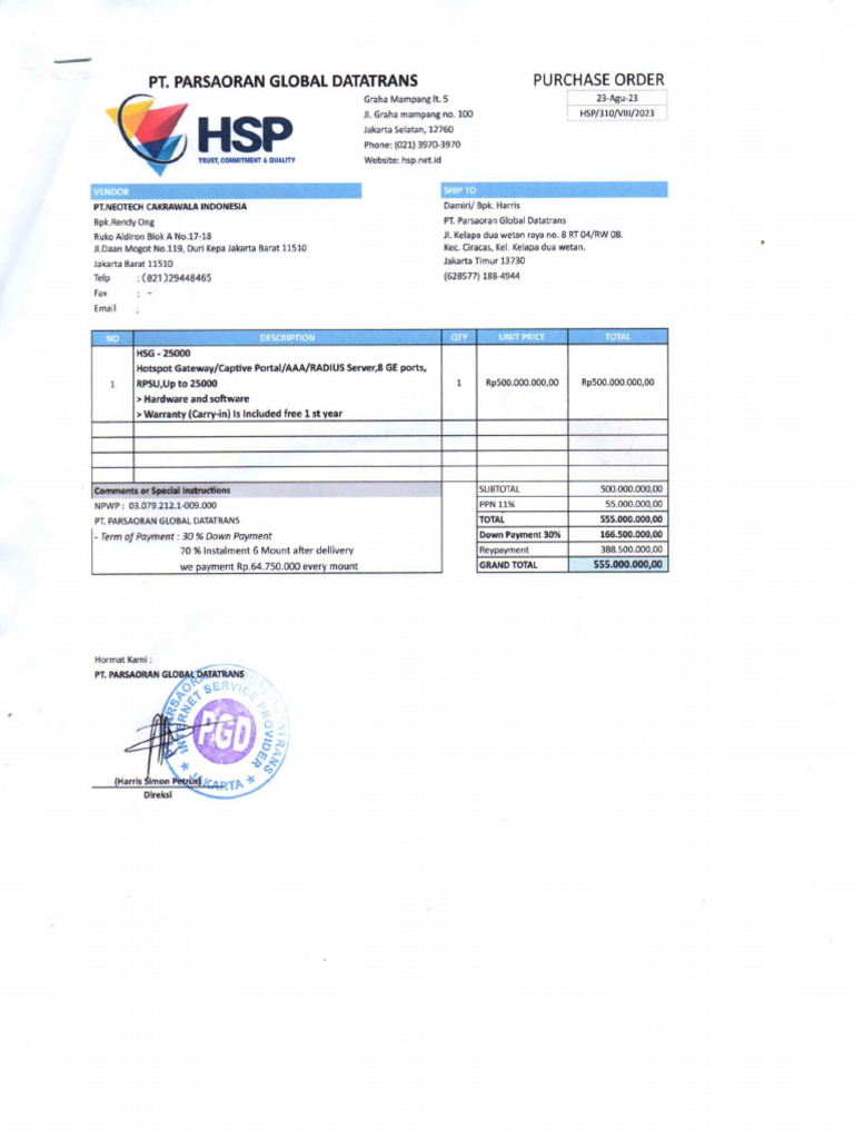 PO HSP.310.VIII.2023 - PT Neotech Cakrawala Indonesia | PDF
