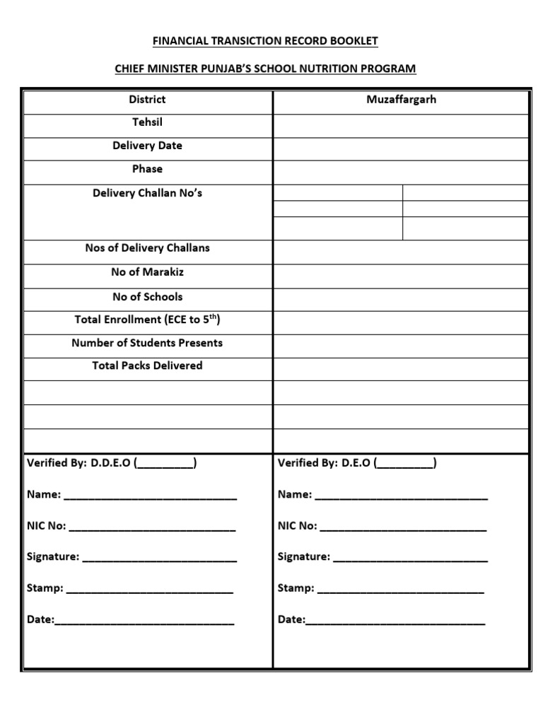 Financial Transaction Record Booklet District Muzaffargarh | PDF