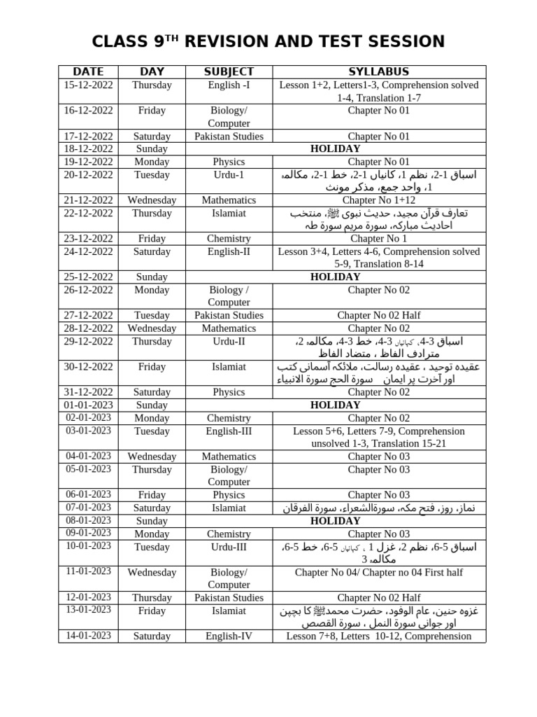 Class 9th Date Sheet 2022-2023 | PDF
