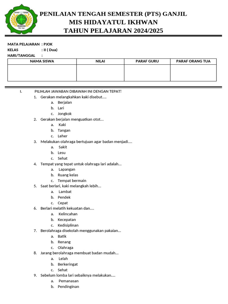 Pts Pjok Kelas 2 | PDF