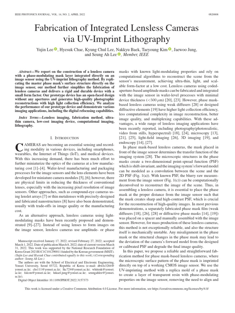 Fabrication of Integrated Lensless Cameras Via UV-Imprint Lithography | PDF