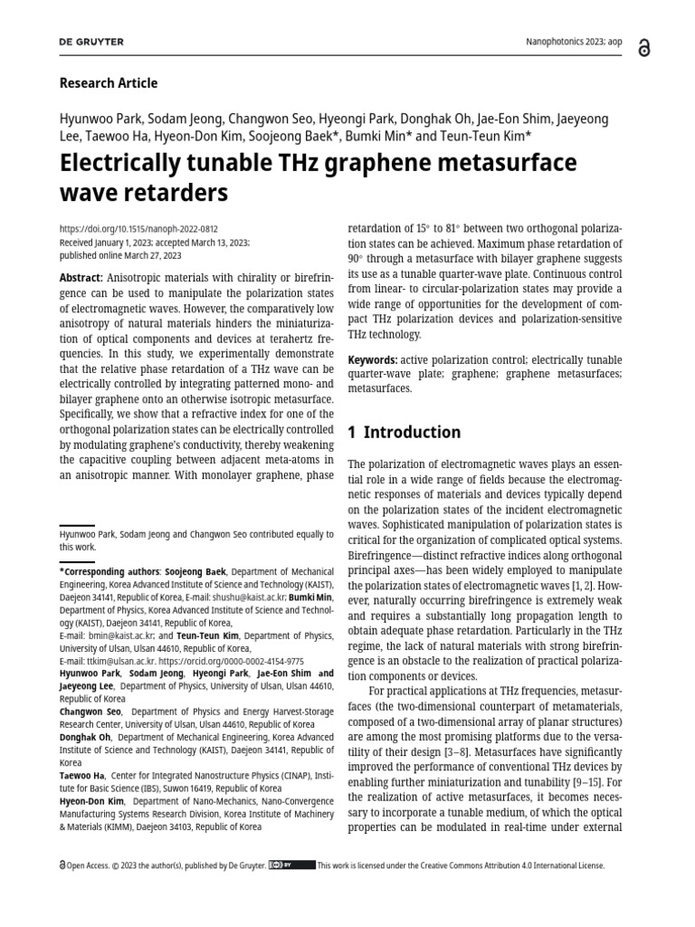 Electrically Tunable THZ Graphene Metasurface Wave Retarders | PDF