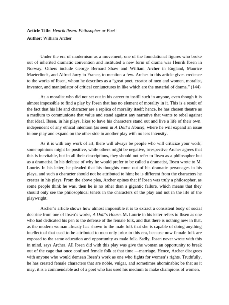 "Henrik Ibsen: Philosopher or Poet Author" by William Archer | PDF ...